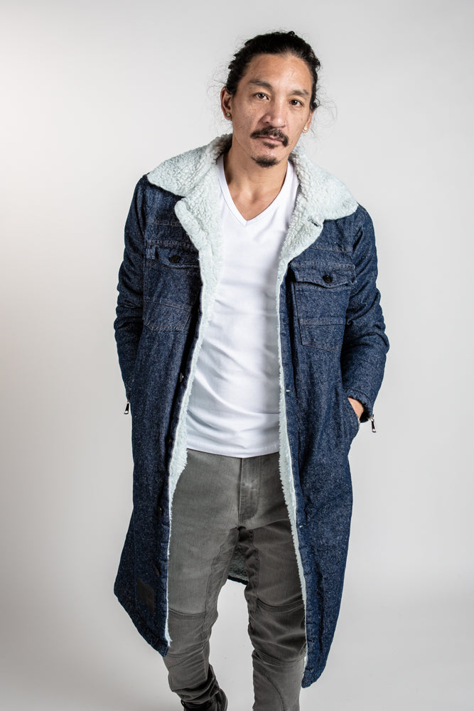 Denim Elegance: Knee-Length Denim Coat with Fleece Lining at Bia Boro ...